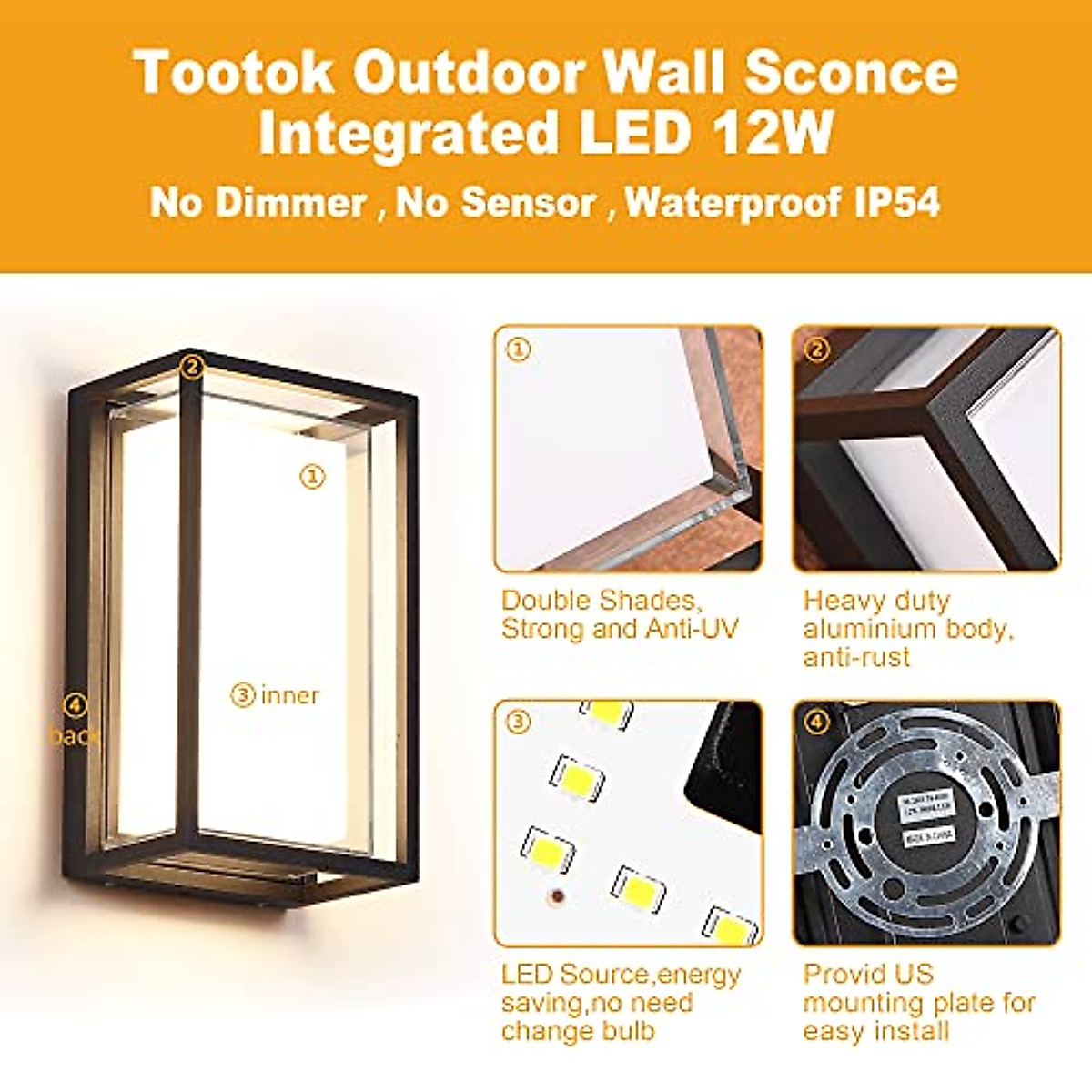 Tootok Outdoor Wall Sconce,Porch Lights Outdoor,Exterior Light Fixture,Outdoor Wall Lights,Outdoor Light Fixtures Mount,H9.7inch,Double Shades Anti-UV,LED 12W Warm White,Black,Entry,Garage,Patio