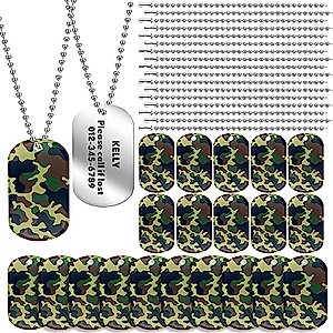 Huquary 100 Pcs Aluminum Military Dog Tag Camo Dog Tags Blank Dog Tags Army Dog Tag Military Party Favors Include 50 Pcs Beaded Chains for Kids Men Dogs Soldier Arm DIY ID Tags