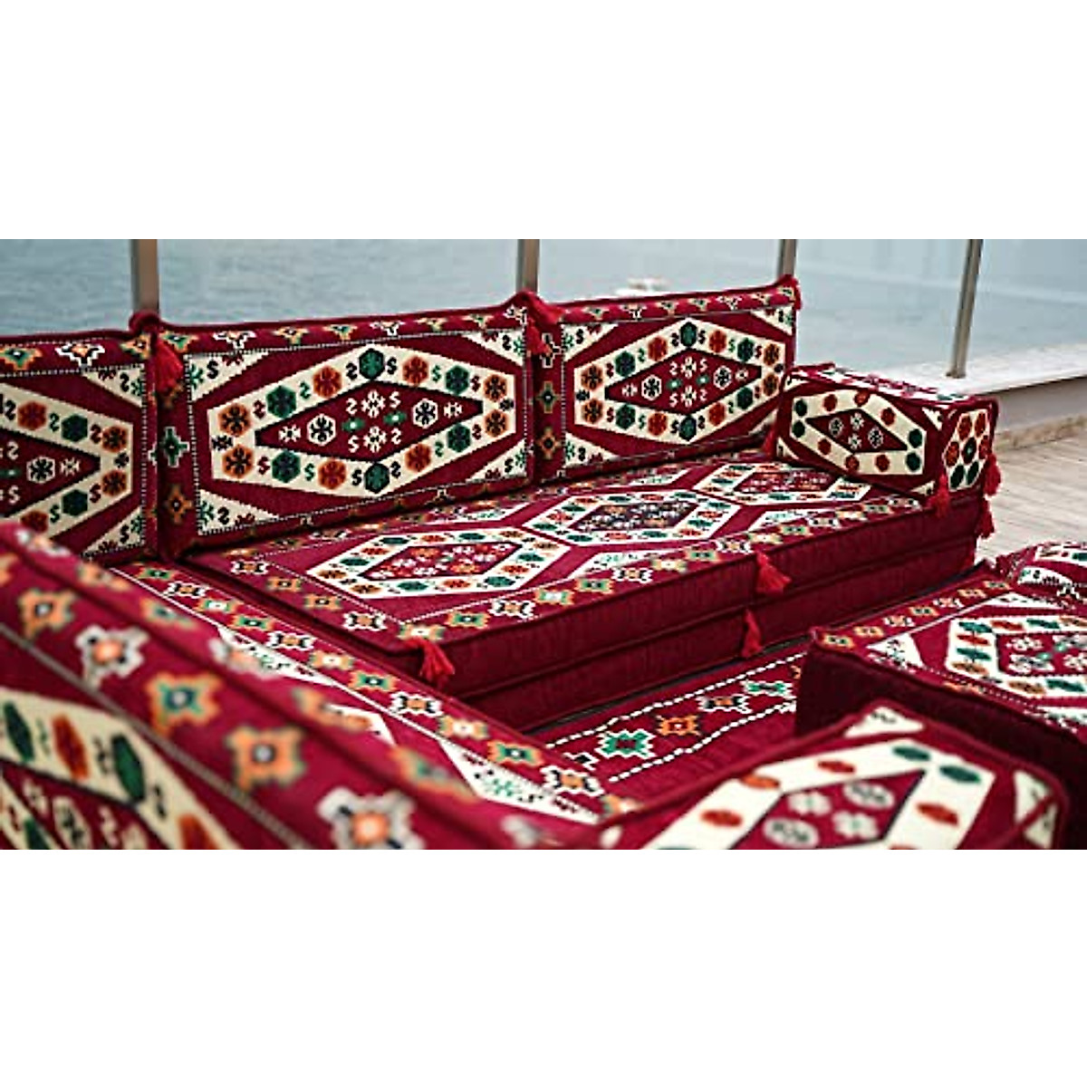 Maroon Floor Cushions, L Shaped Arabic Seating Sofas, Balcony Terrace Sofas, Washable Cushion Covers, Traditional Floor Couch, Arabic Majlis, Futon Sofa Bed (L Sofa Full Set)