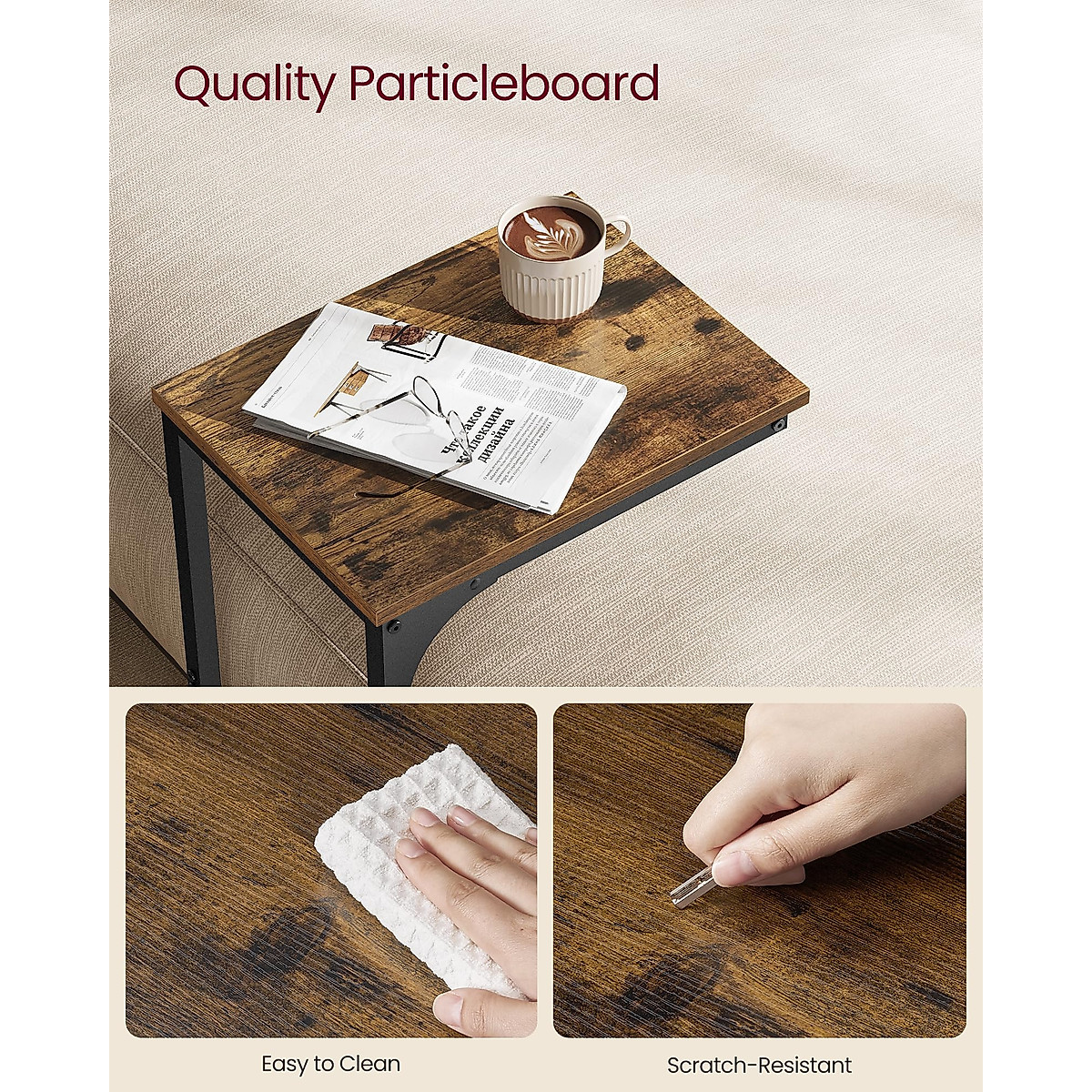 VASAGLE Small Side Table, C Shaped End Table for Sofa and Bed, TV Tray Table with Metal Frame for Couch, Living Room, Bedroom, Rustic Brown and Black