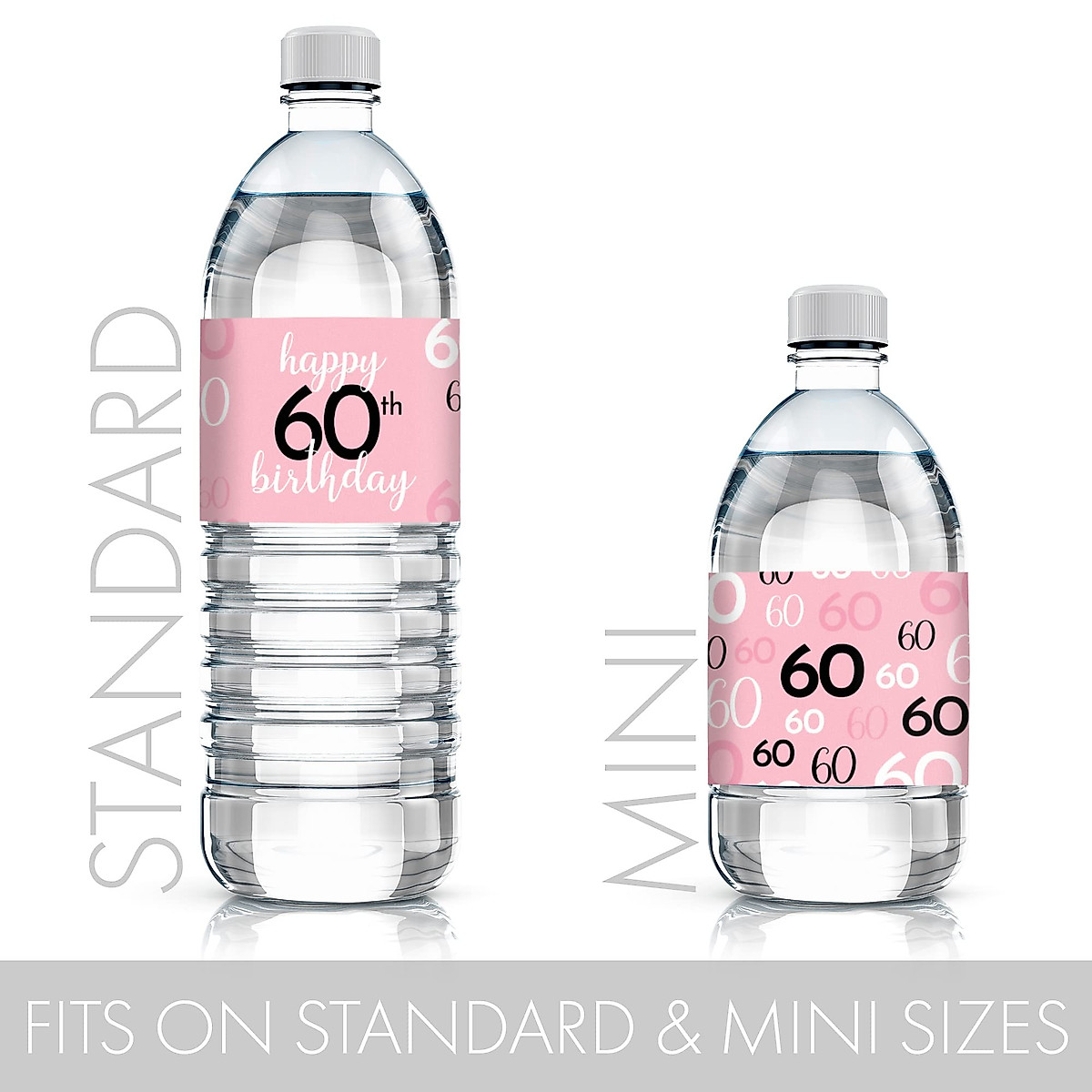Pink, Black, and White 60th Birthday Party Water Bottle Labels - 24 Waterproof Wrappers, 60th Birthday Decorations for Women