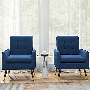 Giantex Modern Mid-Century Accent Chair - Upholstered Armchair with Tufted Back, Metal Legs, Adjustable Foot Pads, Linen Fabric Single Sofa Chair for Reading, Living Room Chair for Bedroom, Blue