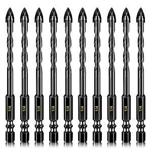 10 Pack 1/4" Concrete Drill Bits, Masonry Drill Bit Set, 6mm Tungsten Carbide Drill Bit Set for Tile/Ceramic/Glass/Mirror/Brick/Plastic/Cement, 1/4" Quick Change Hex Shank, in Carrying Case