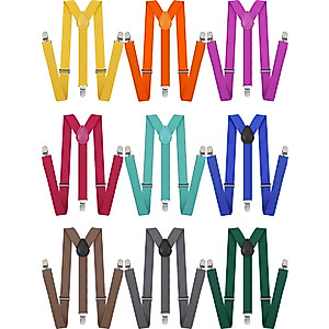 Handepo 9 Pieces Y Back Style Unisex Suspenders Adjustable Elastic Suspenders for Men Women Rainbow Suspenders with Clip for Pants (Bright Color)