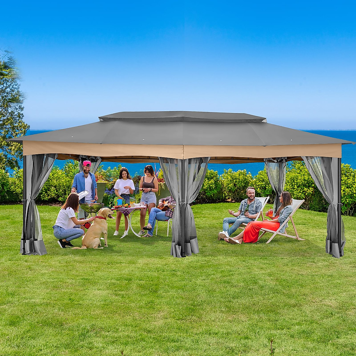 COBIZI Gazebo 10x20 Heavy Duty Patio Gazebo with Mosquito Netting Deck Gazebo with Metal Steel Frame Large Screen Gazebo Tent Waterproof with Double Roof for Backyard, Deck, Garden
