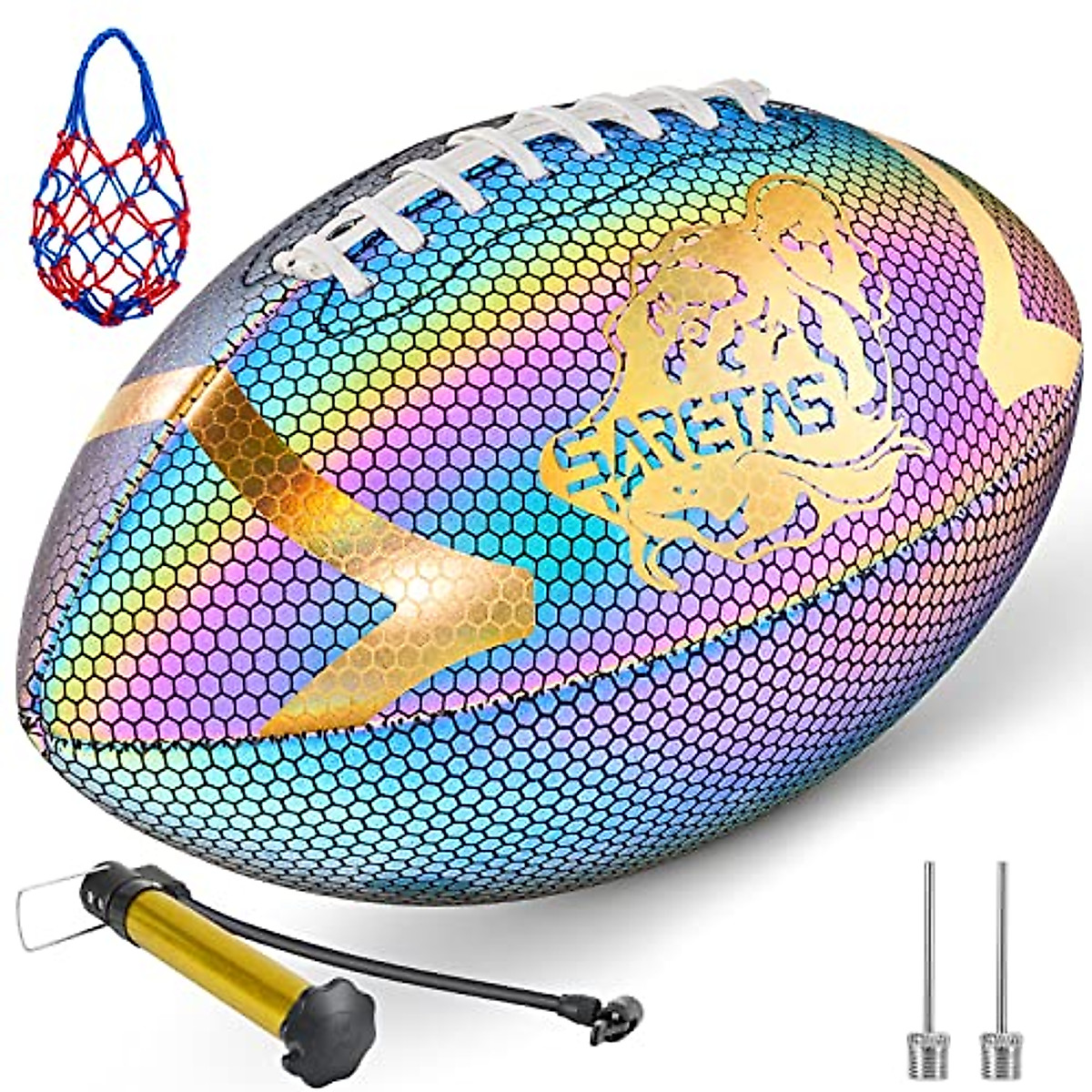 Saretas Size 9 Holographic Reflective Football Glow Football Gifts Idea Toy for Kids, Youths, Juniors, Adults, Boys and Girls with Pump,Needles and Carry Net