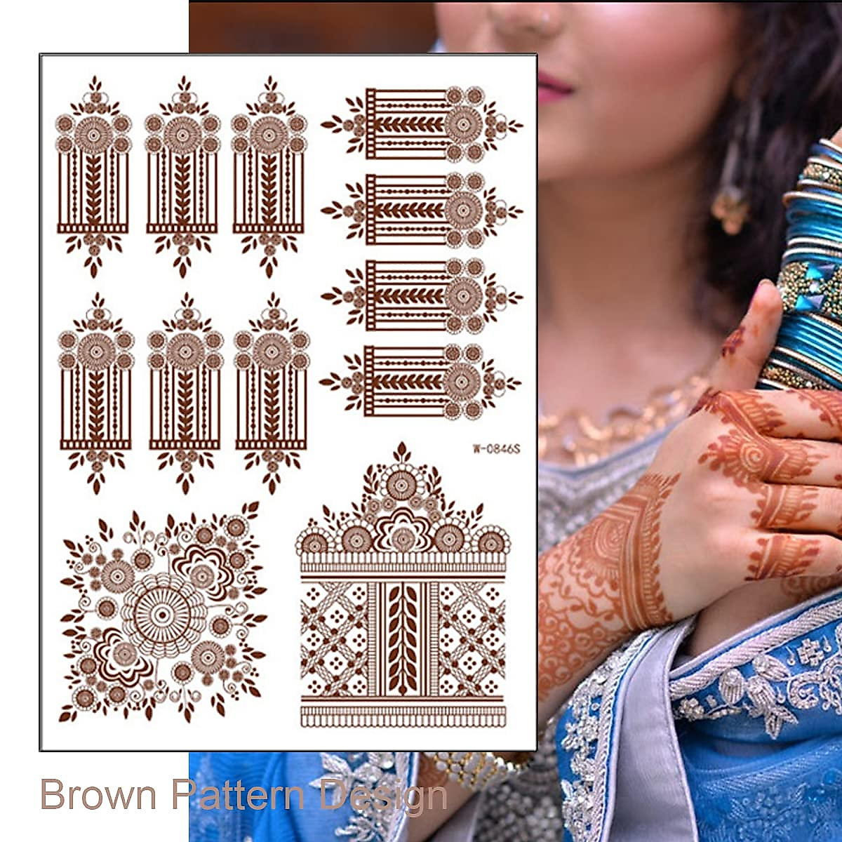 6 Sheets Henna Tattoos Brown Henna Temporary Tattoo Stickers Sexy Lace Waterproof Removable Fake Tattoos Luxury Mandala Flower Design Body Decals for Women Birthday DIY Body Face Party Supplies Favors