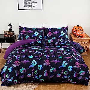 Halloween Duvet Cover Set Queen,3 Pieces Black Skull Pumpkin Comforter Cover Set with 2 Pillowcases Ghost Festival Themed Bedding Set Queen90 x90(Not Comforter)