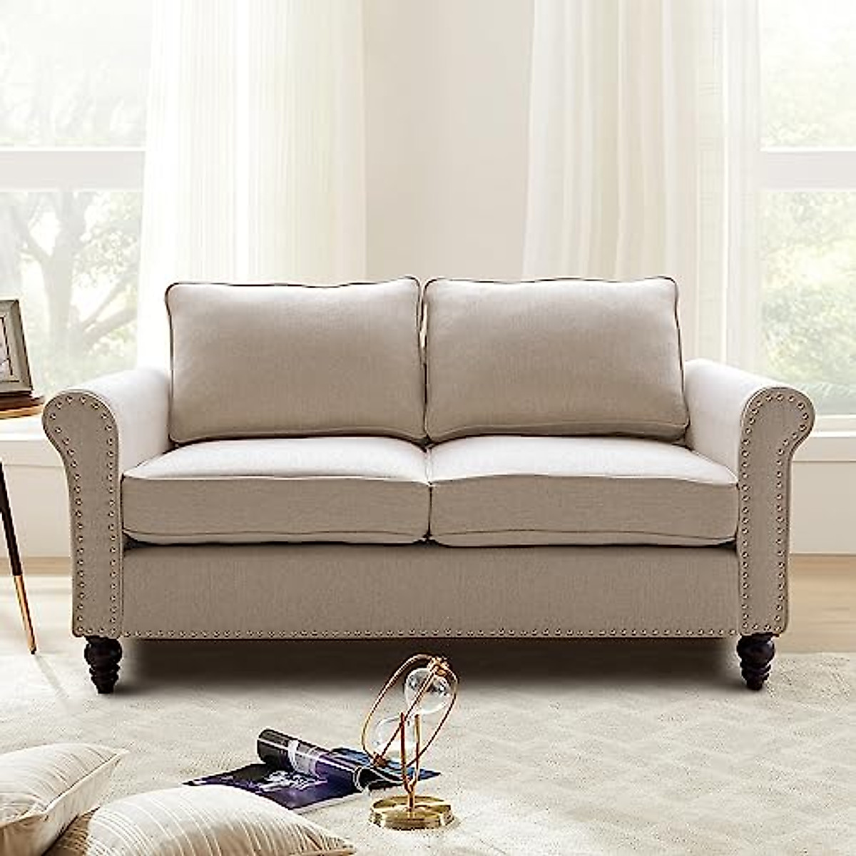 Finnhomy 55'' Fabric Loveseat with Square Armrest Mid-Century Modern Small Sofa Couch Upholstered Love Seat for Living Room, Bedroom, Apartment Small Spaces (Off White)
