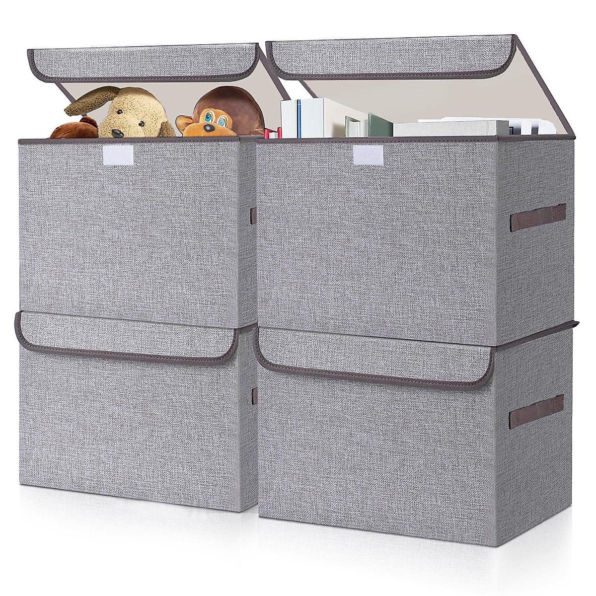 Bagnizer Large 22 Quart Linen Fabric Foldable Storage Bin Cube Organizer Basket with Flip-Top Lid & Handles, Large Clothes Blanket Box for Home, Office, Closet, 4 Pack 14.6 x 9.5 x 9.5”