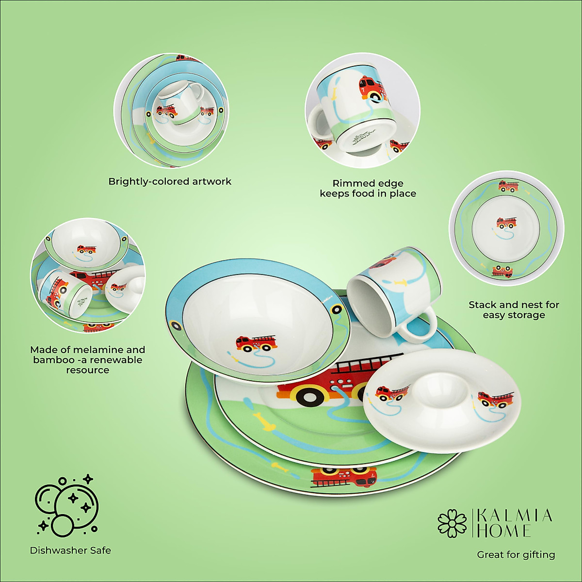 Children's Porcelain Dinnerware Sets, Kids Dinnerware Sets, Kids Porcelain Plates - Bowl - Junior Mug - Egg Cup Sets, Children's Porcelain Tableware Sets (Firetruck)