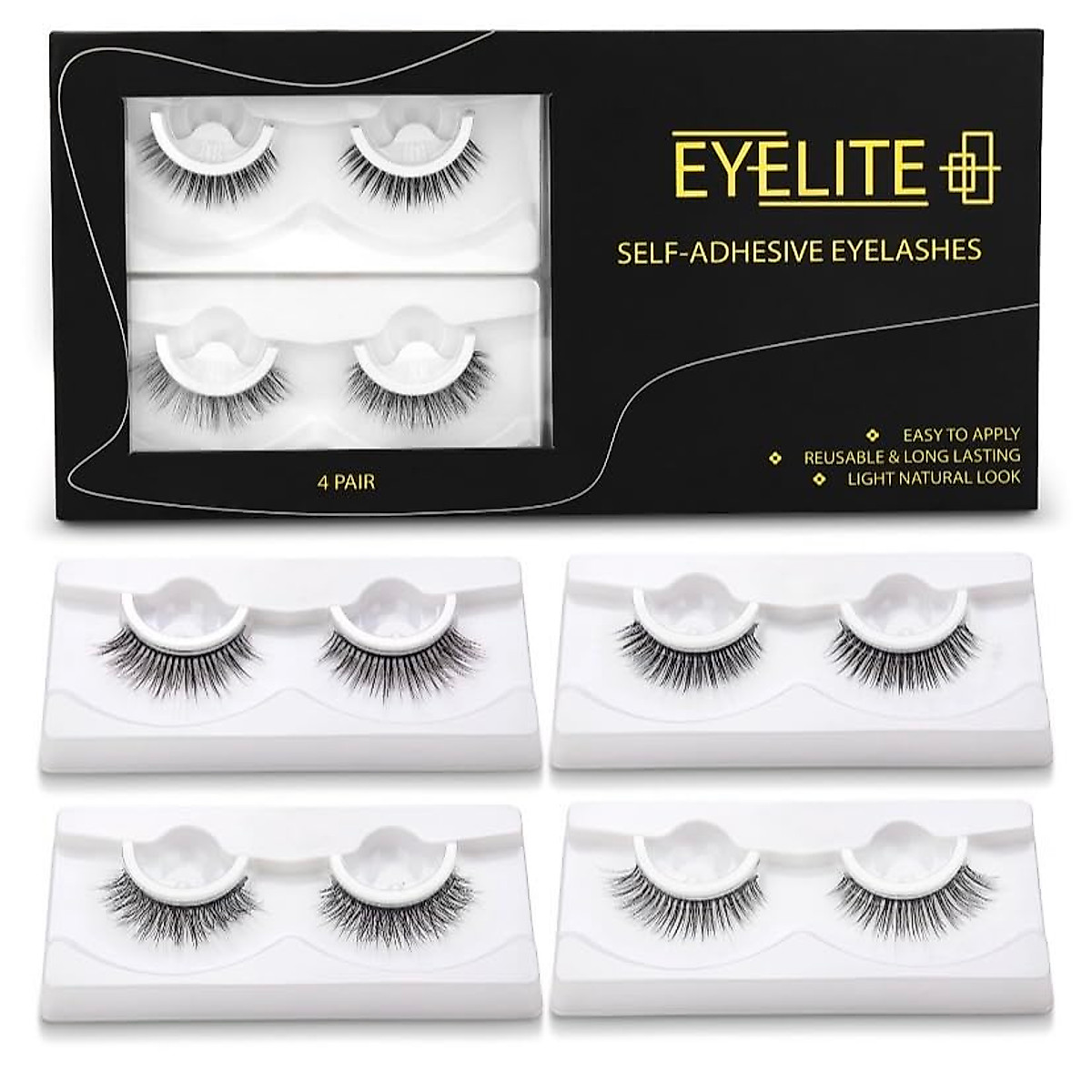 EYELITE, Self Adhesive Eyelashes, 4 Pairs, 16pcs, No Glue Eyelashes, Reusable Adhesive Eyelashes, Natural Look, Wispy Lashes, False Eyelash Extensions, Self Sticking, Press On Lashes, Long Last Wear