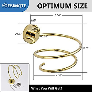 Hair Dryer Holder YUESIMATE Hairdryer Hanging Rack Blower Dryer Holder Bathroom or Bedroom Hair Dryer Organizer Wall Mounted Stainless Steel, 4.33 Inches, Gold