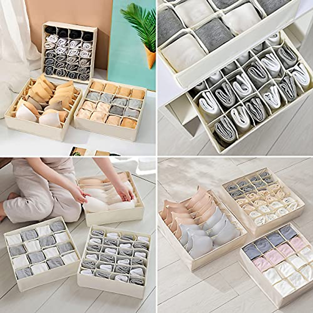 STYLIFING Bra Socks Underwear Organizer 3 Pack, Foldable Closet Organizer Drawer Soft Fabric Dresser Drawer Divider Bins for Bra Underwear Socks Ties Lingerie (Beige)