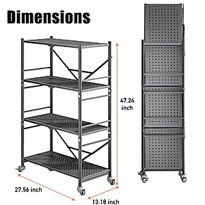 4-Tier Rolling Cart, HERJOY Folding Collapsible Utility Cart, Storage Shelves Trolley Service Cart with Rotational Wheels for Kitchen, Bathroom, Living Room and Office, Grey