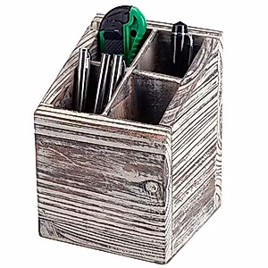 MyGift Square Torched Brown Wood Pencil Cup Pen Holder for Desk with 4 Compartments and Slanted Design, Desktop Office Supplies Storage Box Organizer Bin
