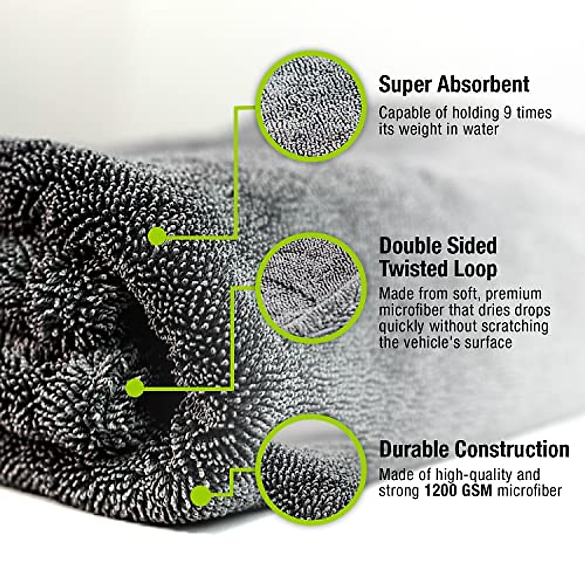 ExoForma Mega Car Drying Towel from No Streaks, Scratches, or Water Spots - Large Premium 1200 GSM Microfiber - Double Twist Pile & Edgeless Design for 1 Quick & Effortless Dry - 24” x 36”