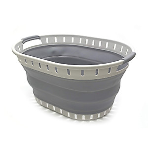 SAMMART 25L (6.6 gallon) Collapsible Plastic Laundry Basket - Foldable Pop Up Storage Container/Organizer - Portable Shopping Basket - Space Saving Hamper (Oval, Dark Grey)