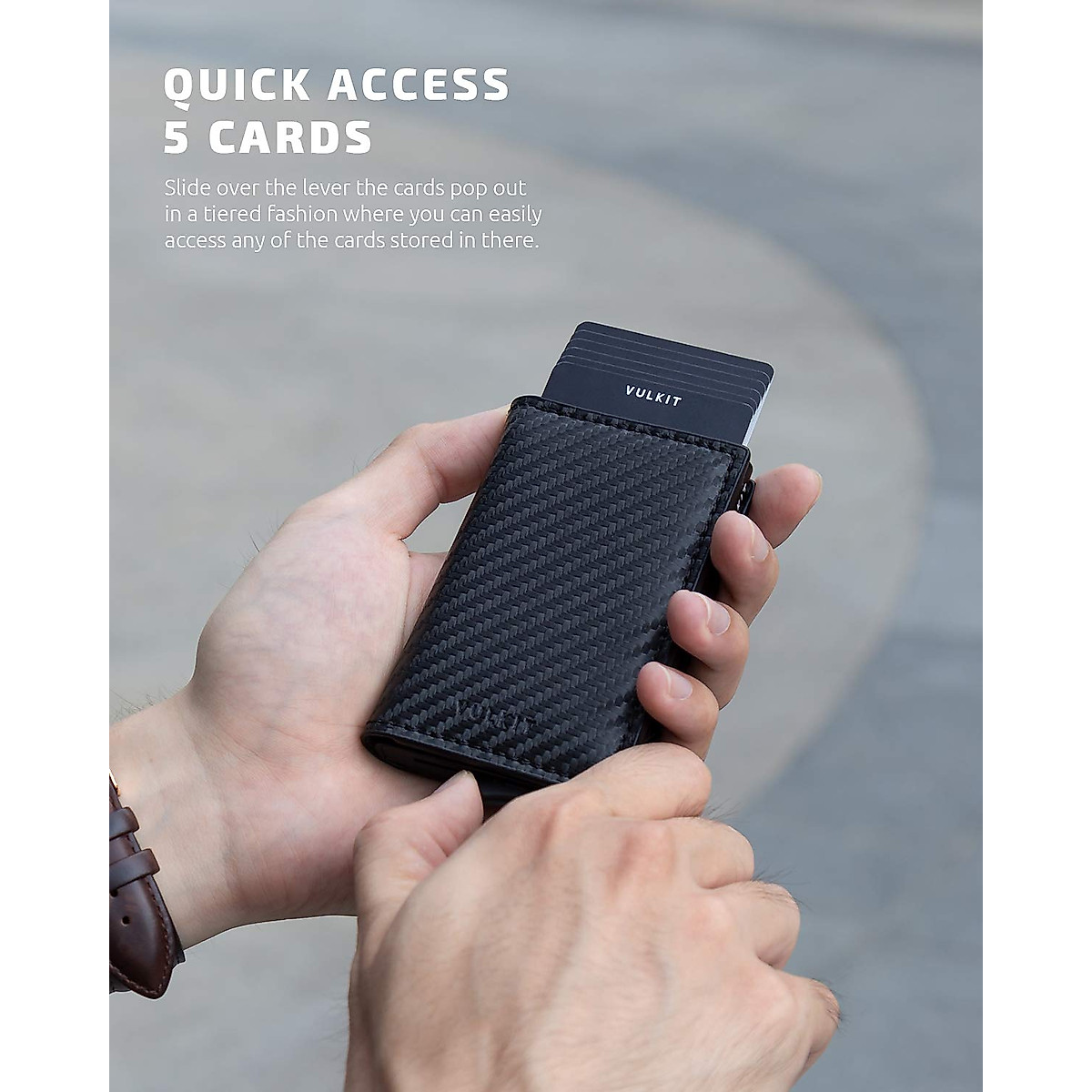 VULKIT Credit Card Holder RFID Blocking Leather Automatic Pop Up Wallet Aluminum Slim Pocket Bifold Business Card Case