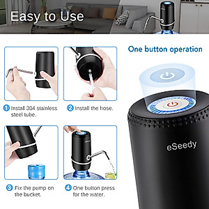 eSeedy Electric Water Pump, Automatic Drinking Water Dispenser for 5 Gallon Water Bottle, Portable Water Dispenser with Rechargeable Batteries and USB Charging for 5 Gallon Water Jugs