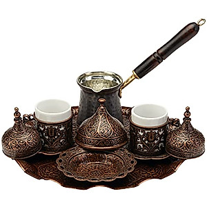 DEMMEX 2023 Turkish Greek Arabic Coffee Full Set with Cups Saucers Lids Sugar Bowl Tray and Copper Coffee Pot, 12 Pcs