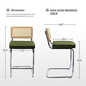 Zesthouse Modern Counter Height Stools, 24'' Natural Rattan Barstools Set of 2, Velvet Kitchen High Chairs with Backs, Mid Century Cantilevered Design Counter Chairs Island Stools, Green