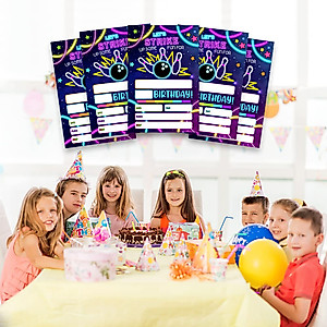 FujLoy Bowling Birthday Invitation, Bowling Birthday party Invitation Cards, Rainbow Neon Glow Bowling Invite.（052）