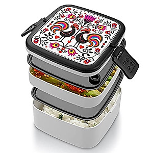 Folk Roosters Lunch Box Portable Double-Layer Bento Box Large Capacity Lunch Container Food Container with Spoon