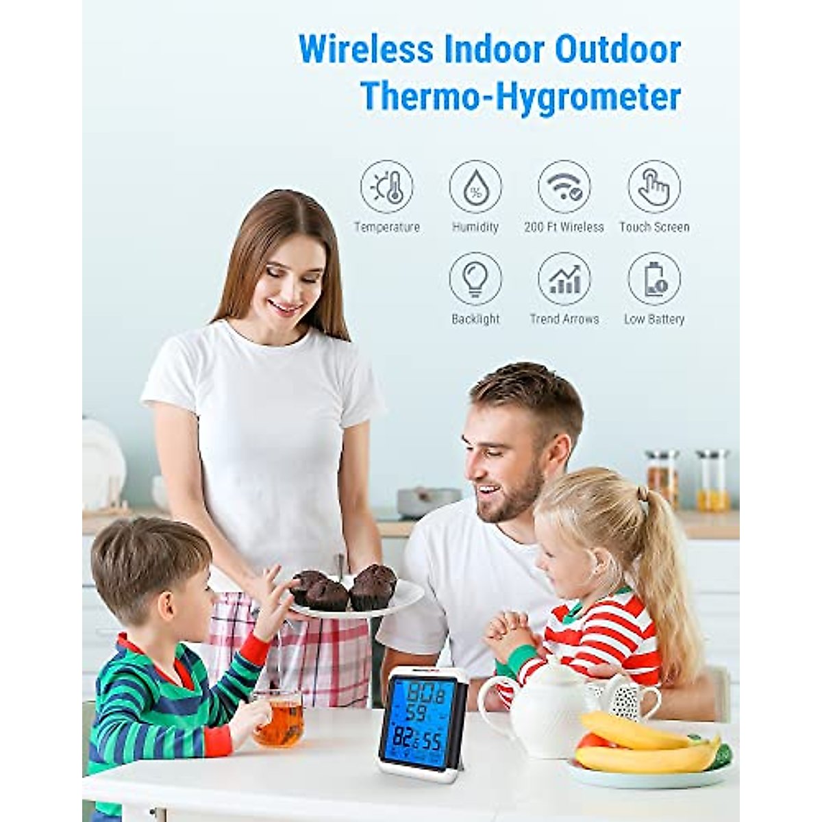 ThermoPro TP65 Indoor Outdoor Thermometer Digital Wireless Hygrometer Temperature Humidity Monitor with Jumbo Touchscreen and Backlight Humidity Gauge,LCD