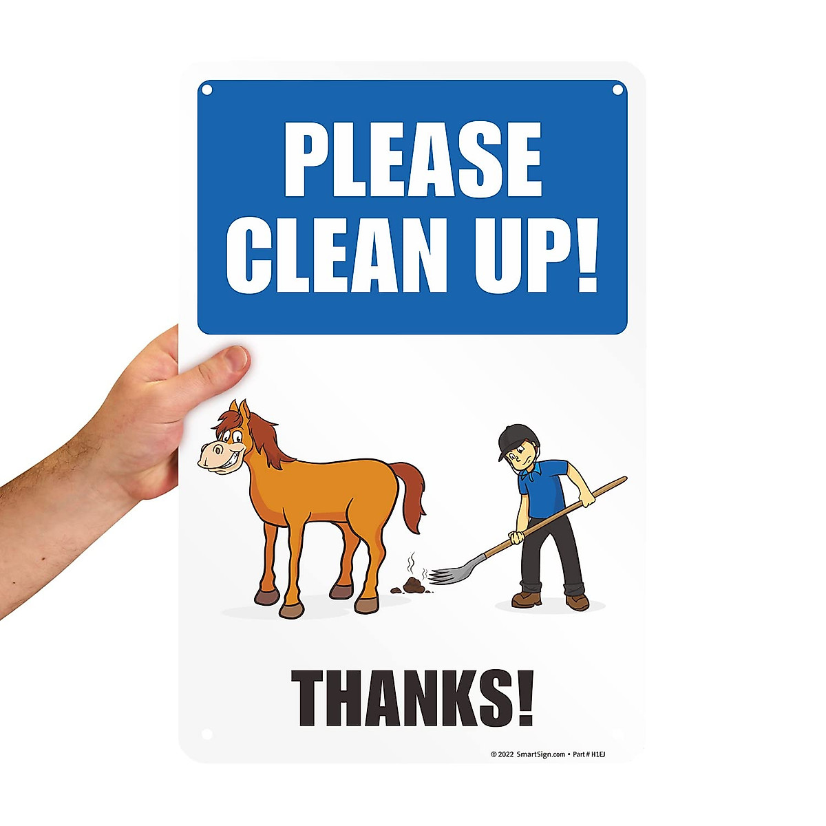 SmartSign 18 x 12 inch “Please Clean Up - Thanks” Horse Poop Metal Sign with Horse Graphic, 63 mil Laminated Rustproof Aluminum, Multicolor, Made in USA
