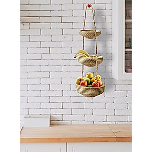 Serene Spaces Living Hanging Raffia Baskets for Your Kitchen – 3 Fair Trade Handmade Decorative Storage Baskets from Madagascar for Fruit and Vegetables