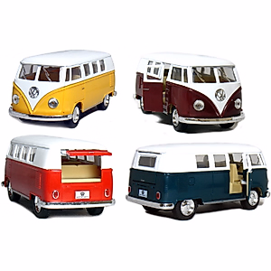 Set of 4: 5" Classic 1962 Volkswagen Van 1:32 Scale (Green/Maroon/Red/Yellow)
