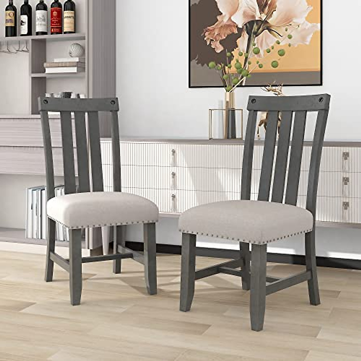 ARCLIS Farmhouse Dining Chair Set of 2, Fabric Upholstered Kitchen Room Chairs with High Backrest Mid Century Modern Side Dining Room Chairs Solid Wood Chairs for Living Room (Grey)