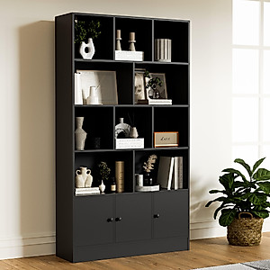 Anystyle Black 13 Cube Bookshelf, 5-Tier Bookcase Storage Cabinet with 3 Doors for Bedroom, Living Room