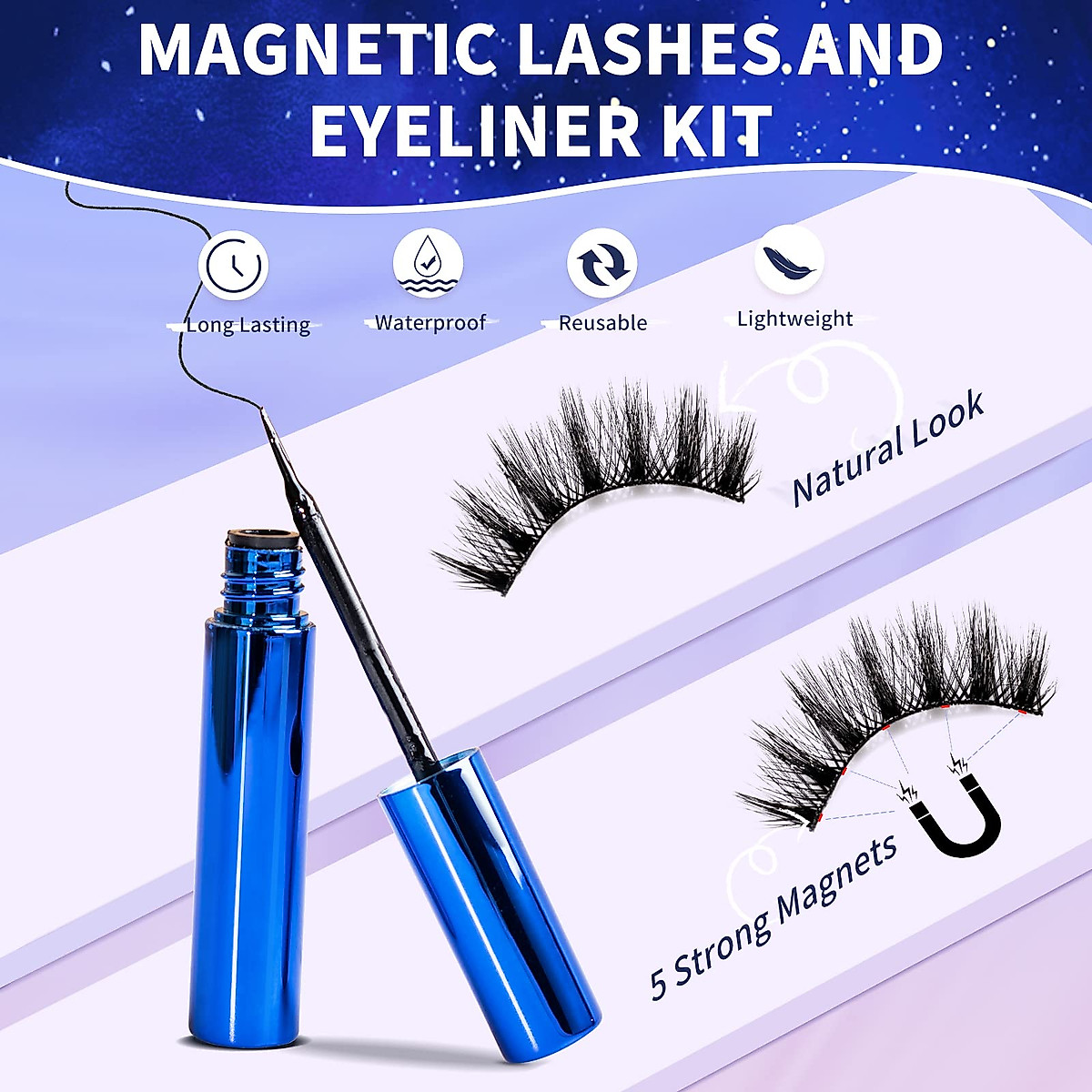 Magnetic Eyelashes and Eyeliner Kit, Premium Magnetic Lashes 3D Natural Look with Eyeliner and Tweezers, Lightweight & Sweatproof False Eyelashes No Glue Needed, Easy to Wear and Reusable (7 Pairs)