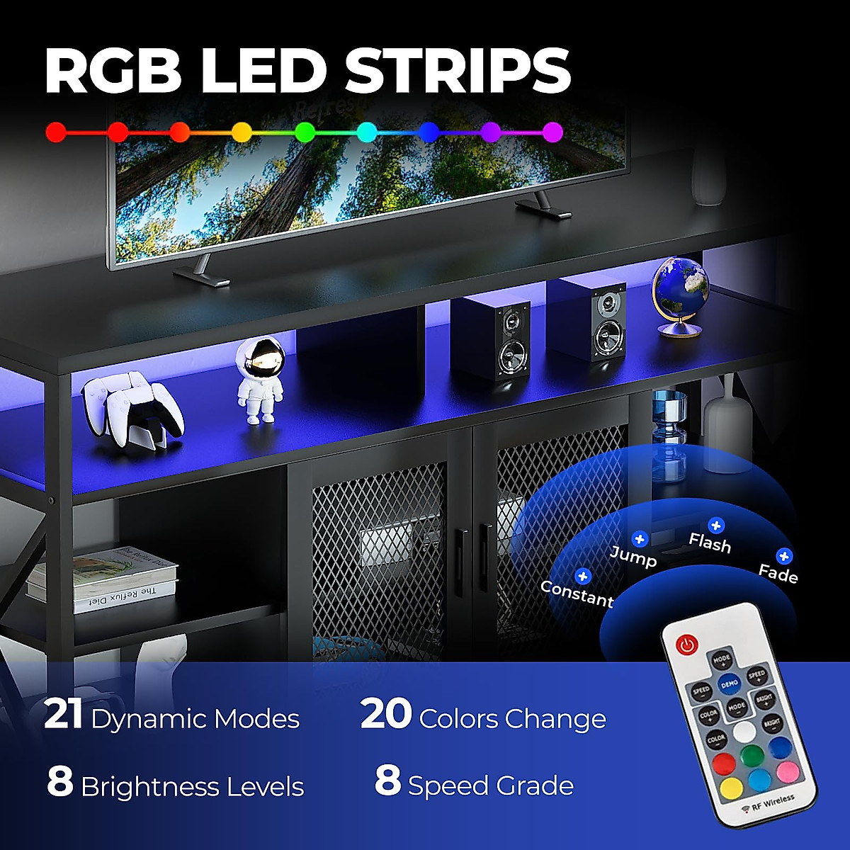 GreenForest TV Stand for 65 Inch TV, LED Lights Entertainment Center with Grid Cabinets for Living Room, 58 inch Television Stands TV Cabinet with 21 Dynamic RGB Modes, Black