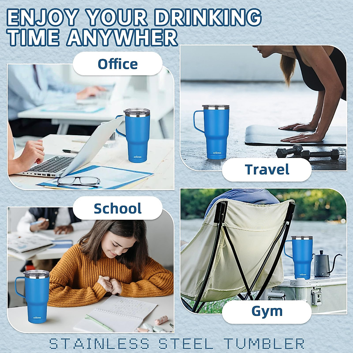 20 oz Insulated Coffee Mug with Ceramic Coating, Stainless Steel Travel Mug Tumbler with Handle Lid and Straw, Double Wall Leak-Proof Thermos Coffee Travel Mug Keeps Drink Hot and Cold (Blue)