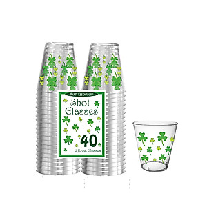 Party Essentials 40Count Hard Plastic 2 oz Printed Shot Glasses, Shamrocks, Clear