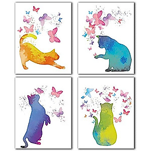 IIILUYOT Watercolor Cat With colorful Butterfly Art Print, Set of 4(8”X10”) Watercolor Animals Poster Painting for Home Decor, Cat Gift for Girl Daughter Granddaughter Niece Cat Lover, Unframed