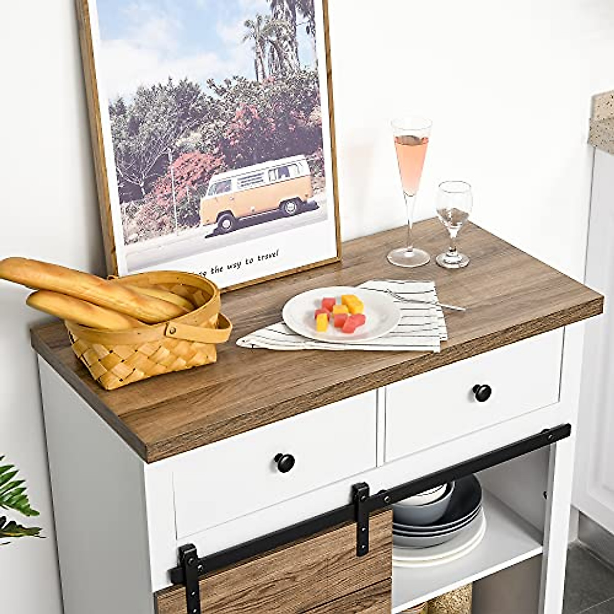 HOMCOM Farmhouse Coffee Bar Cabinet, Barn Door Wine Cabinet with Storage, Sideboard Buffet Cabinet with Wine Racks for Kitchen, White