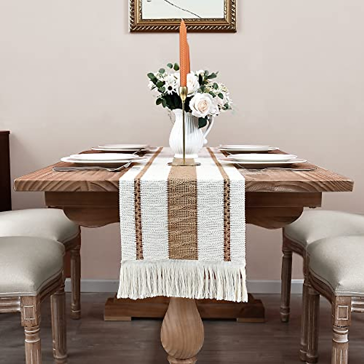 Home Macrame Table Runner Farmhouse Style - Burlap Cotton Rustic Cream Beige Boho Splicing Table Runner with Tassels for Wedding Bridal Shower Party Kitchen Dining Table Decor 12 x 72 Inch