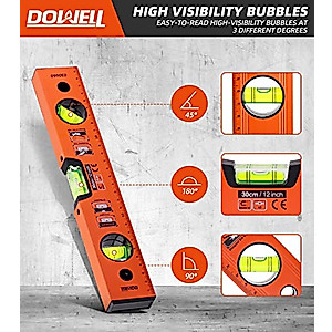 DOWELL 12 Inch Magnetic Spirit Level with Metric Scale, 3 Different Bubbles-45°/90°/180°HY030660