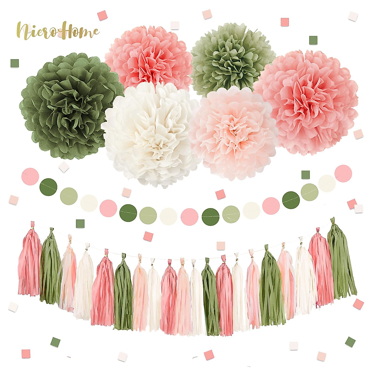 NICROHOME Wedding Party Decorations, 28 PCS Sage Green Tissue Paper Pom Poms,Circle Dots Garland Paper Tassels Hanging Backdrop for Boho Neutral Baby Shower, Bridal Shower, Engagement Party Supplies