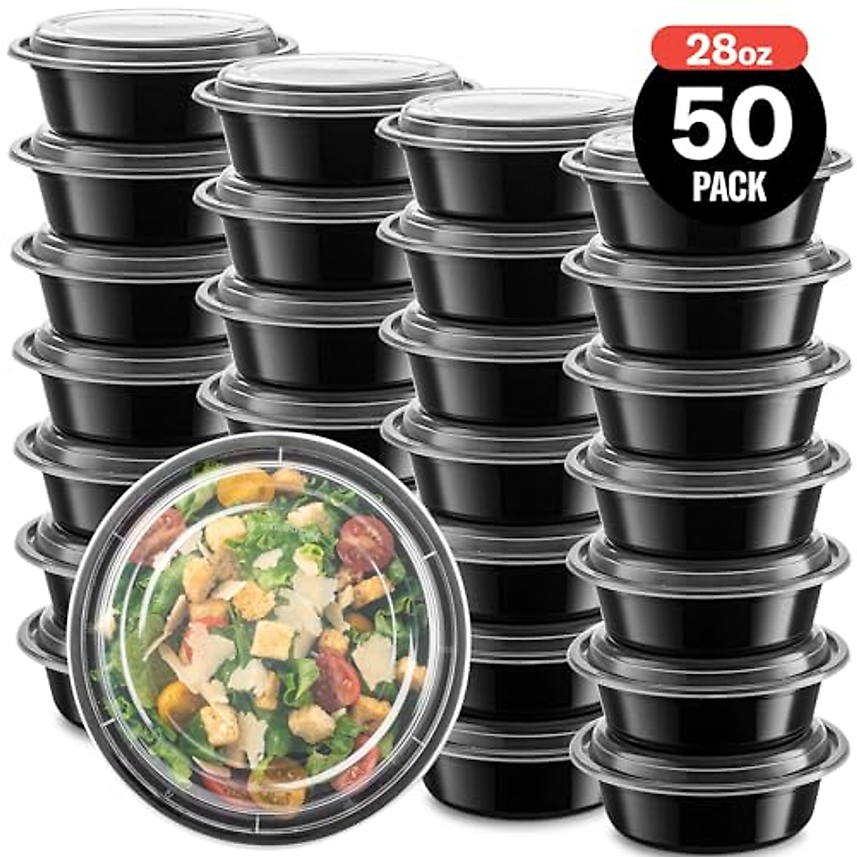 50-Pack Reusable Meal Prep Containers Microwave Safe Food Storage Containers with Lids, 28 oz Round Take Out Disposable Plastic Bento Lunch Box To Go Meal Prep Bowls, BPA-Free, Freezer Dishwasher Safe