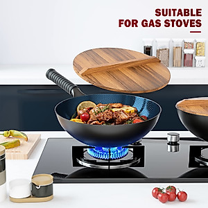 LEPAYU Cast Iron Skillets,12.6 Inch Non-Stick Chinese Woks Traditional Round Bottom Wok No Coating Iron Wok Pure Hand Hammered Wok