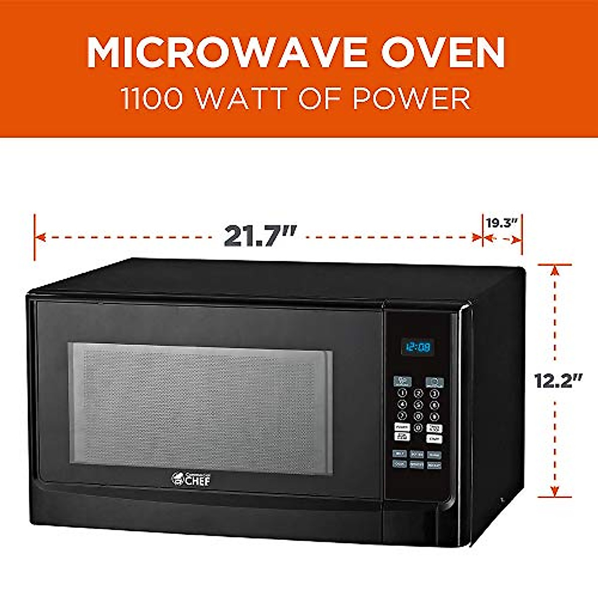 Commercial CHEF CHM14110B6CCountertop Microwave Oven - 1100 Watts, Small Compact Size, 10 Power Levels, 6 Easy One Touch Presets with Popcorn Button, Removable Turntable, Child Lock - Black