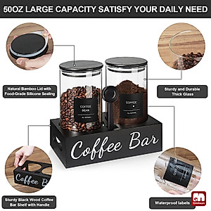GMISUN Coffee Container, 2Pcs 50oz Black Glass Coffee Bean Storage Canister with Airtight Lids, Coffee and Sugar Jar Set with Scoop/Shelf/Labels, Coffee Containers for Coffee Bar Ground Coffee/Tea
