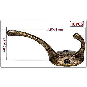 ZHHGTTUY Dual Wall Hooks Coat Hooks Heavy Duty Made of Strong Metal Cloth Hook (18Pcs,Antique Brass)