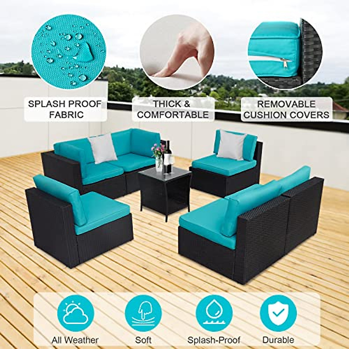 Kinsunny 7 PCS Patio Furniture Sets Conversation Sets - Outdoor Sets Sectional Sofa Set with Tea Table and Washable Blue Cushions, PE Black Rattan Sofa for Backyard/Pool