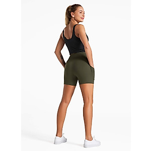 Dragon Fit High Waist Yoga Shorts for Women with 2 Side Pockets Tummy Control Running Home Workout Shorts (Large, Olive Green)